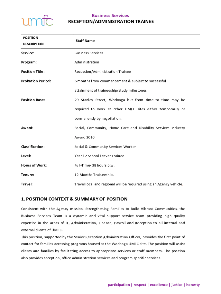 Fillable Online Business Services - RECEPTION/ADMINISTRATION TRAINEE Fax Email Print - pdfFiller