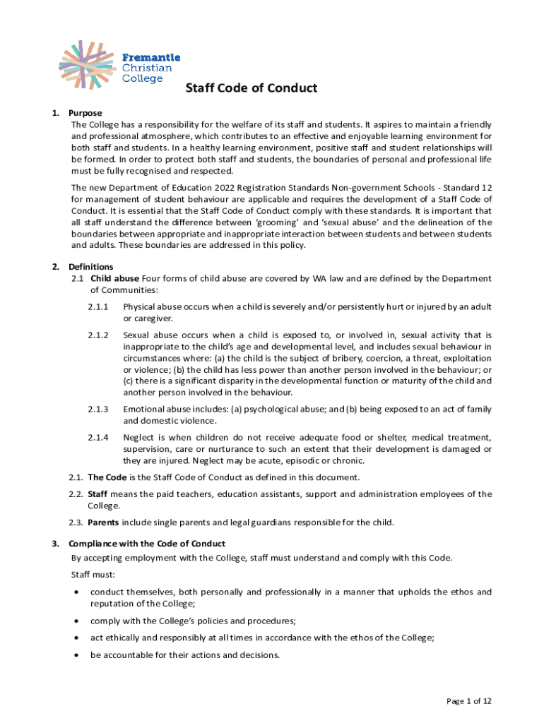 Fillable Online staff code of conduct including guidelines of how to ...