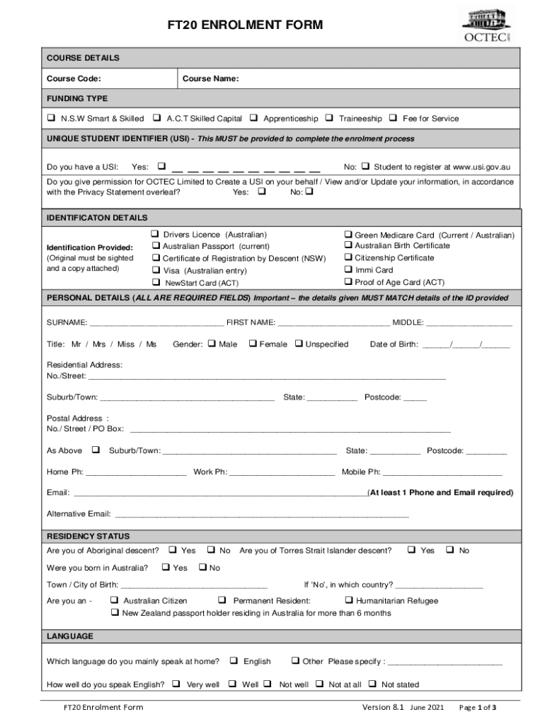 Fillable Online octec org FT20 ENROLMENT FORM Fax Email Print - pdfFiller