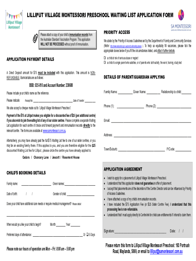 Fillable Online Little Village Montessori Application Form Fax Email ...