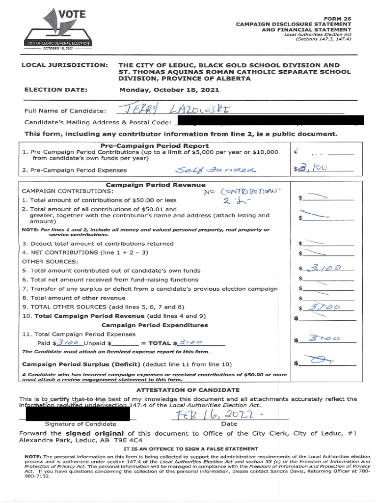Fillable Online 2021 Leduc Election - campaign disclosure and financial ...