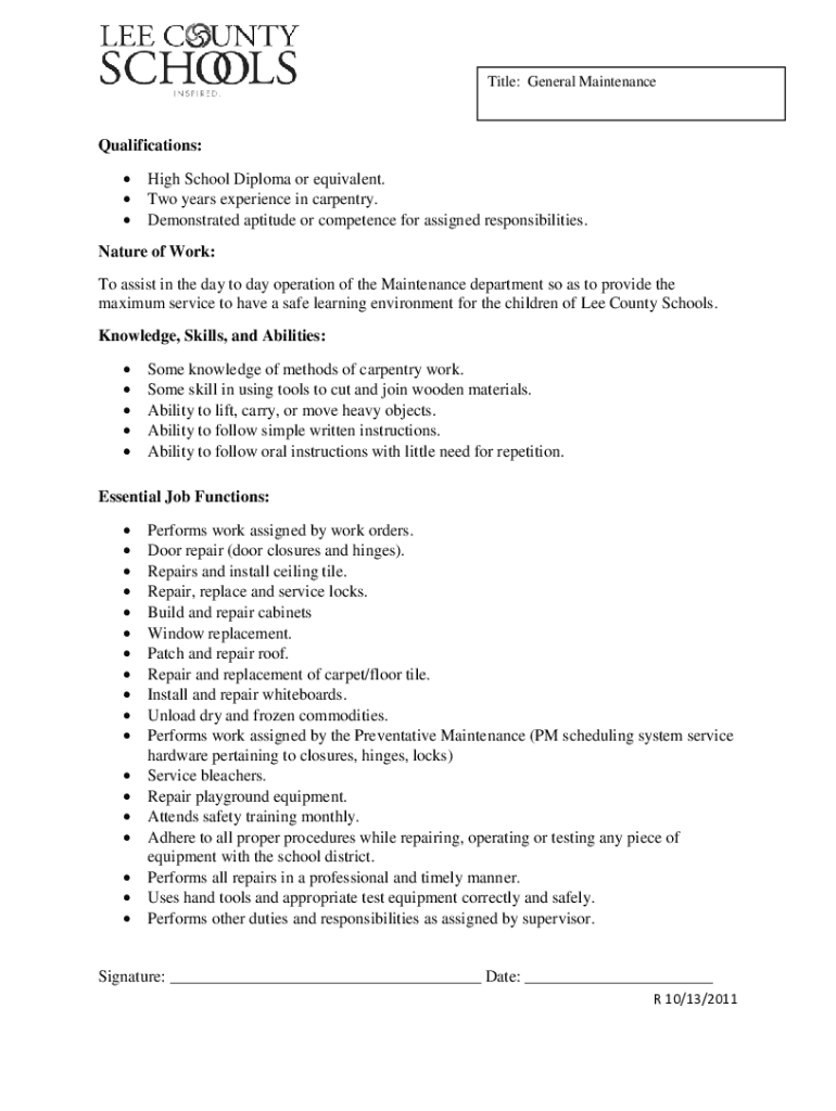 Fillable Online Qualifications: High School Diploma or equivalent. Two ...