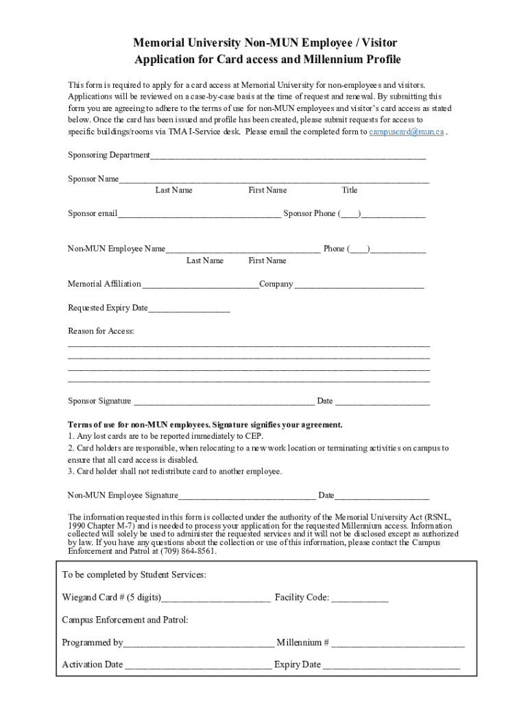 Fillable Online Non MUN Employee Application for Millennium Access ...