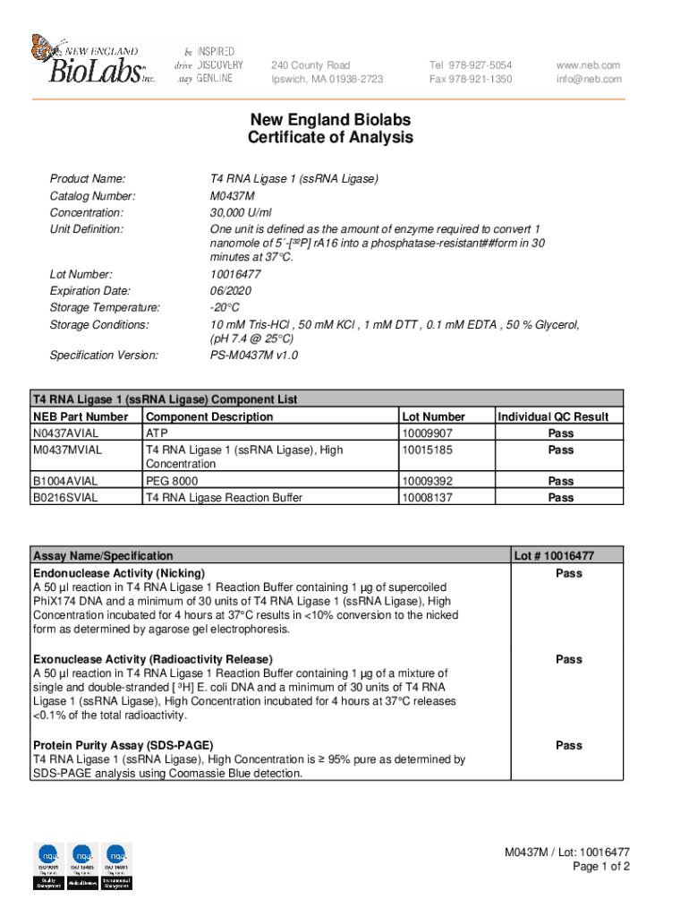 Fillable Online E7780S / Lot - New England Biolabs Certificate of ...