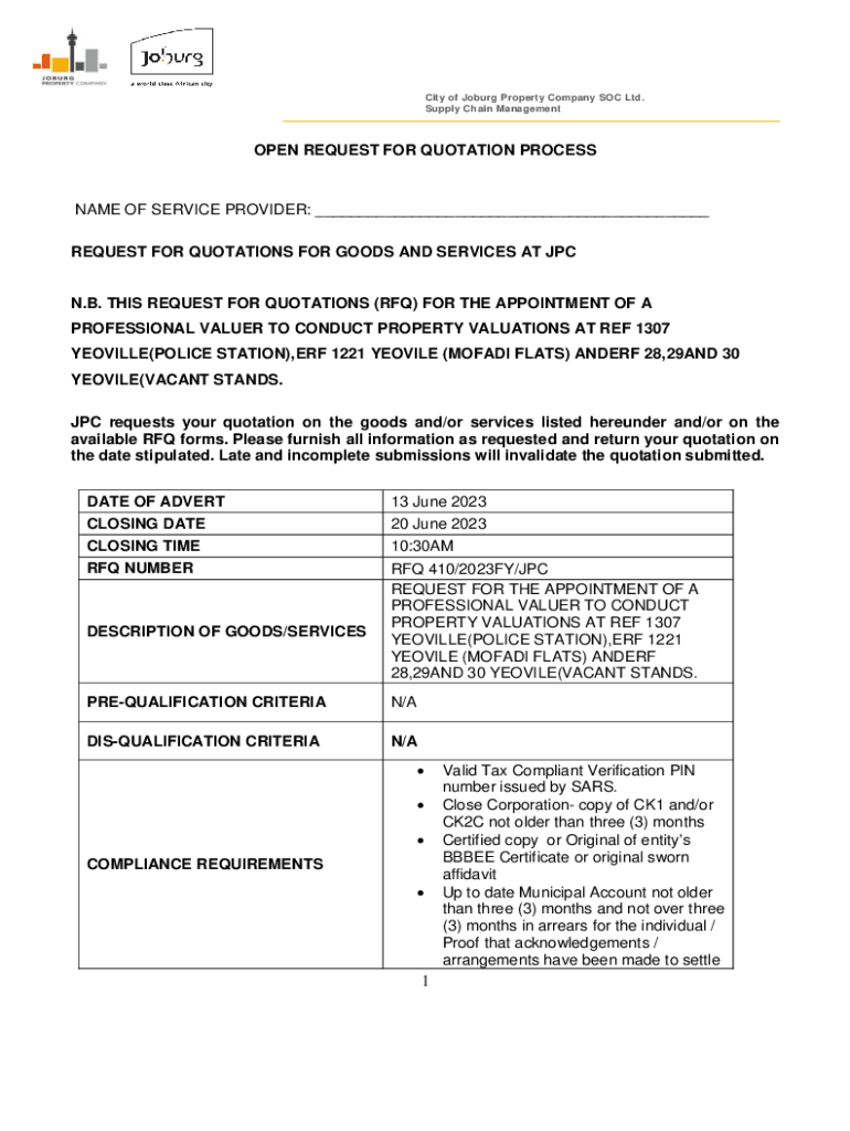 Fillable Online jhbproperty co THIS REQUEST FOR QUOTATIONS (RFQ) FOR THE APPOINTMENT OF A Fax ...