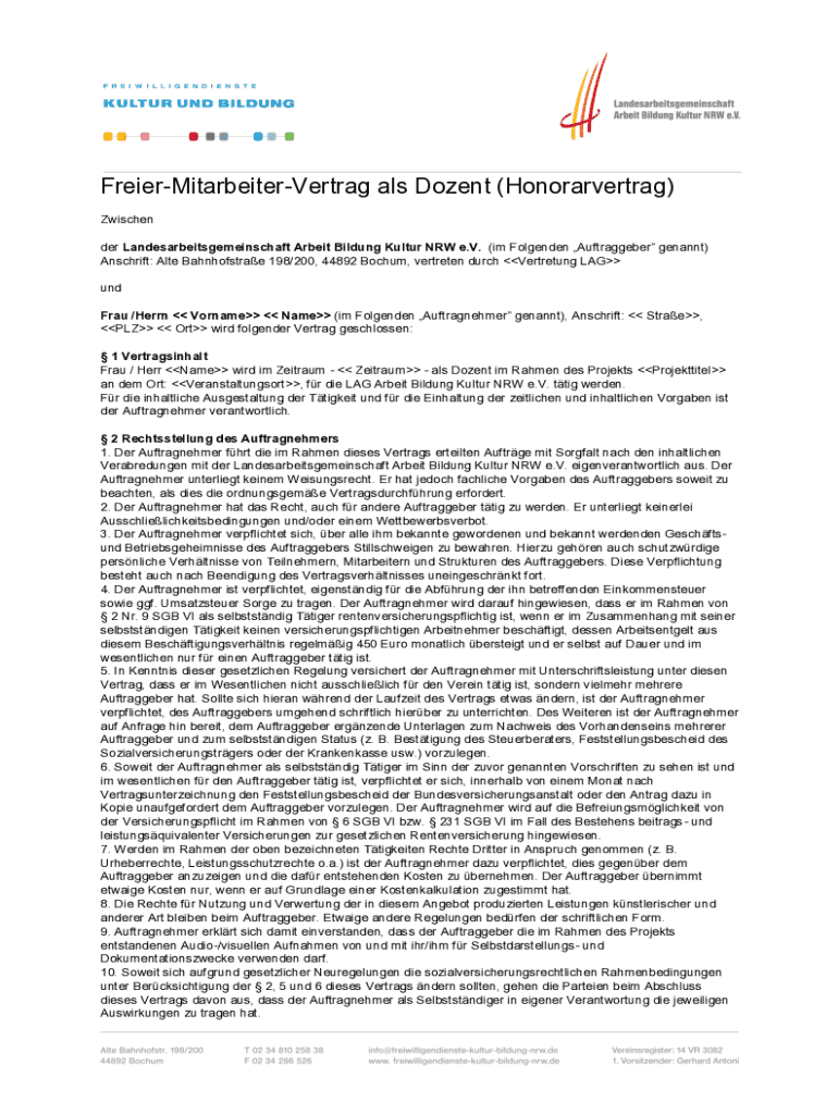 Ausfüllbar Online Honorarvertrag Standard LAG Arbeit Bildung Kultur NRW ...