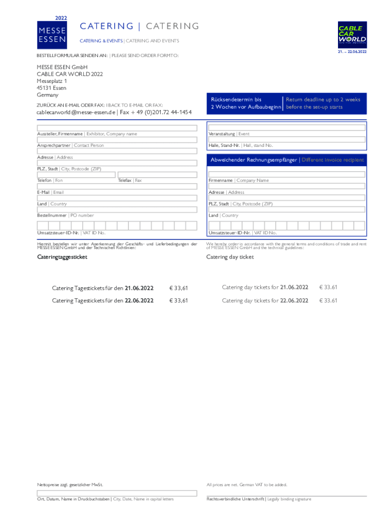 Fillable Online CATERING CATERING - Cable Car World Fax Email Print - pdfFiller