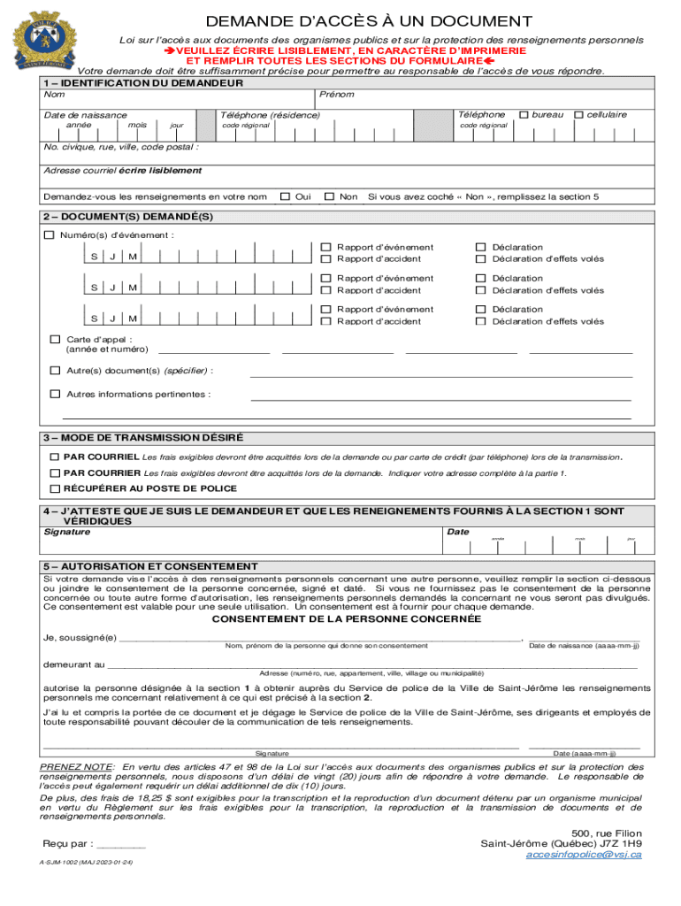 Remplissable En Ligne DEMANDE D'ACCS UN DOCUMENT Fax Email Imprimer - pdfFiller