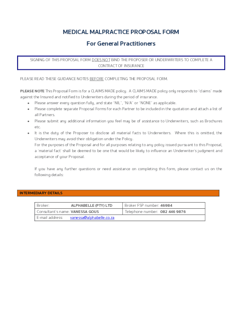 Fillable Online MEDICAL MALPRACTICE PROPOSAL FORM For General ... Fax ...