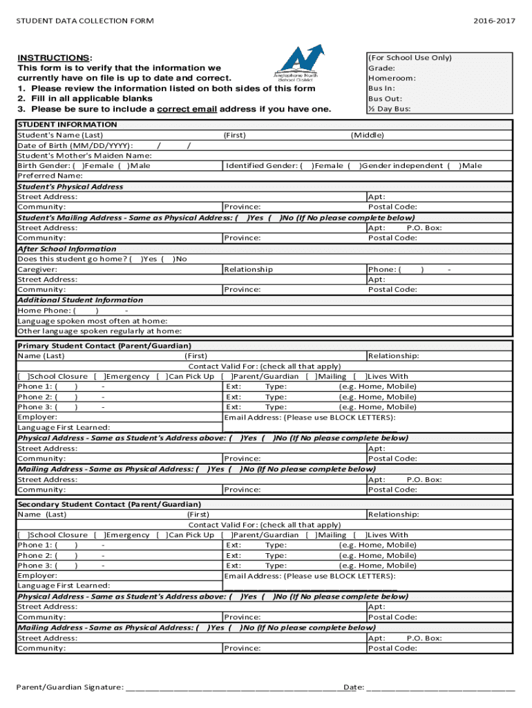 Fillable Online STUDENT DATA COLLECTION FORM 2016-2017 Parent ... Fax ...