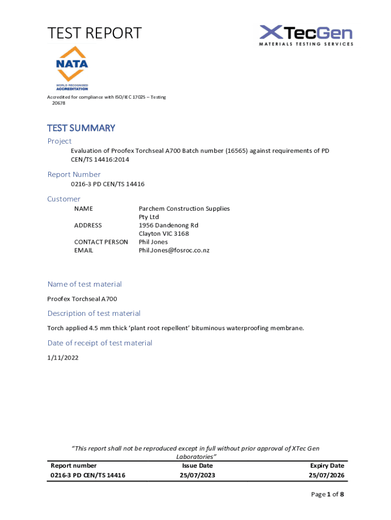 Fillable Online TEST REPORT - Fosroc Fax Email Print - pdfFiller