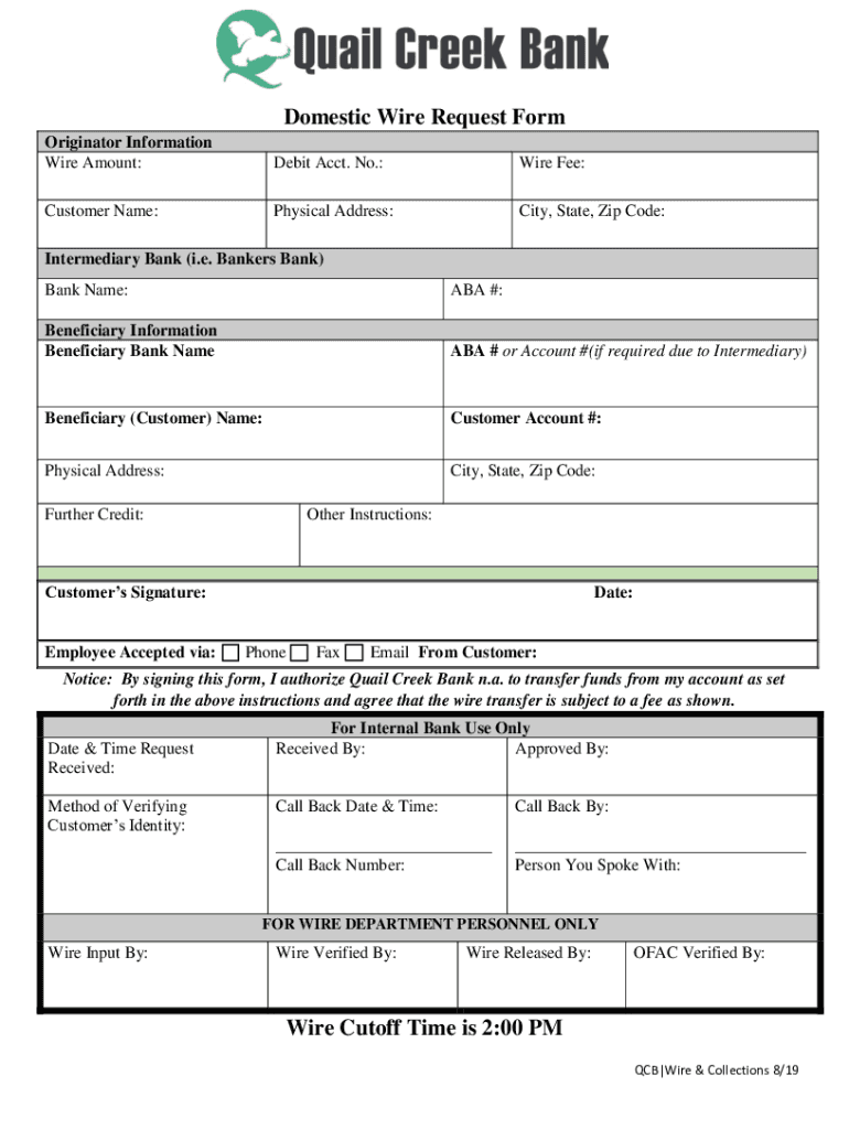 Fillable Online Domestic Wire Request Form Wire Cutoff Time is 2:00 PM ...