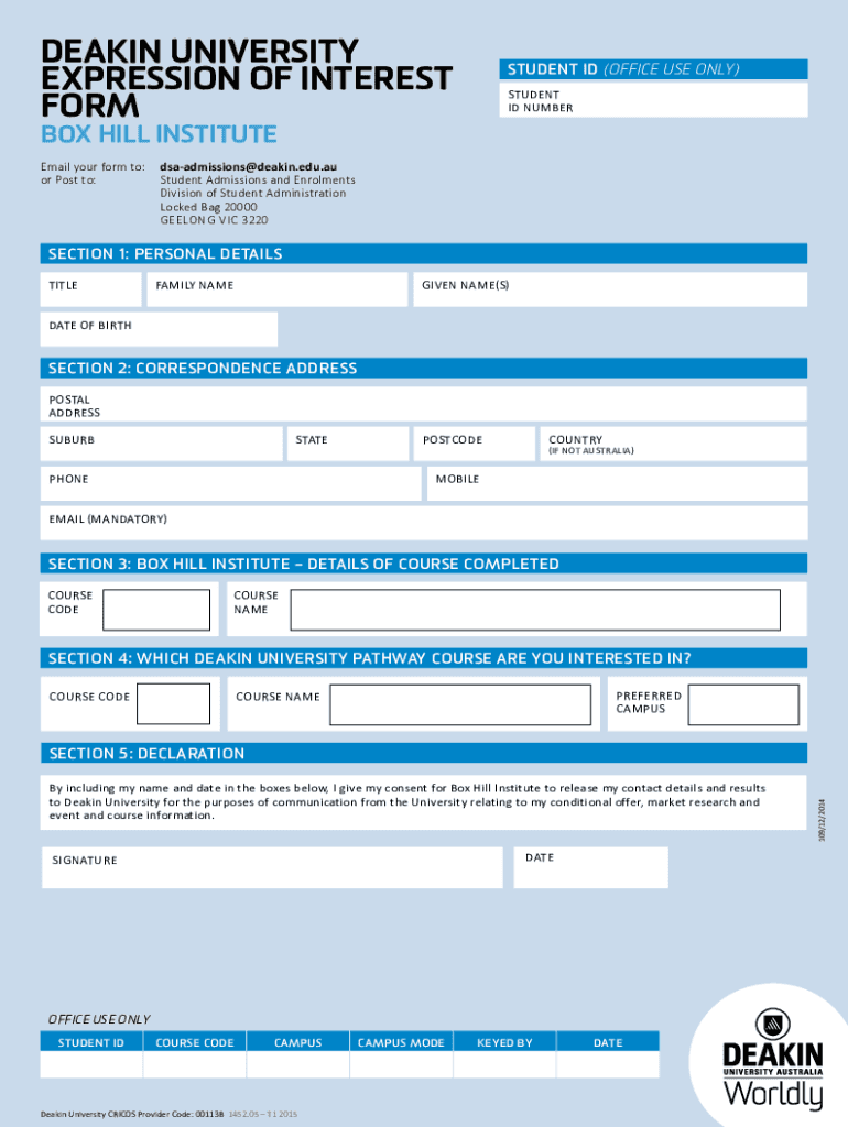 Fillable Online Box Hill TAFE expression of interest form. Box Hill ...