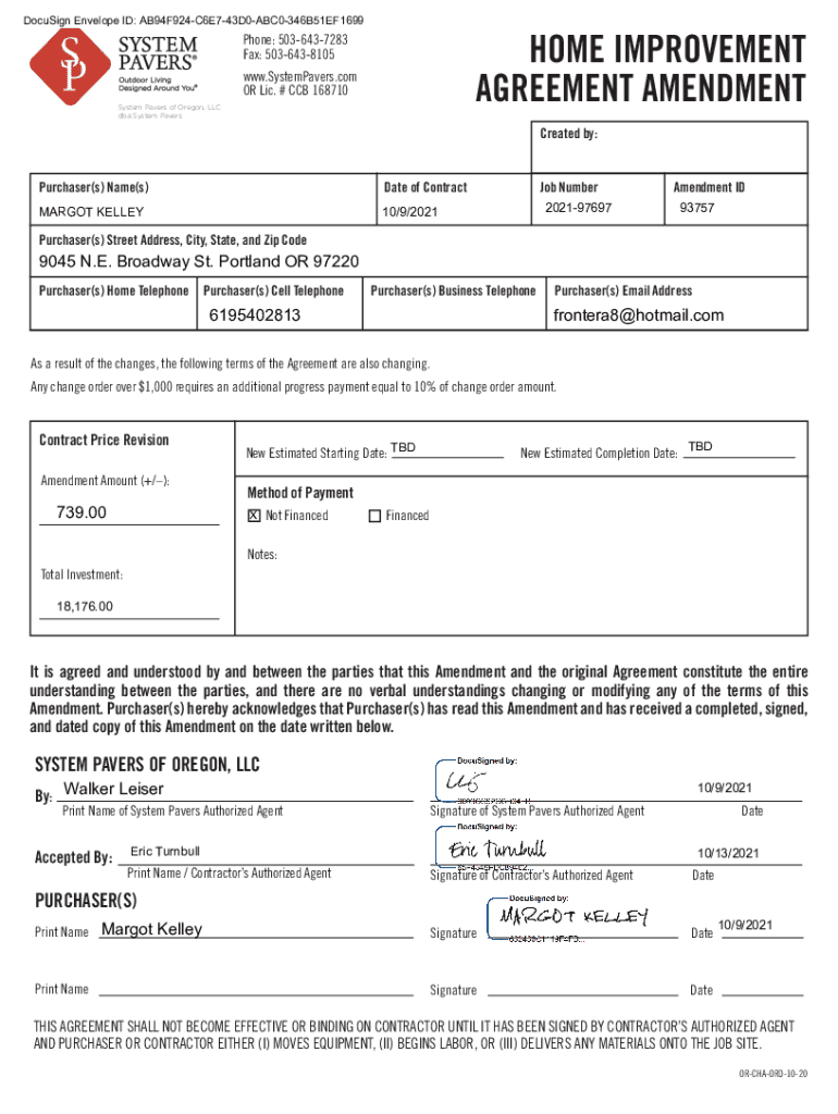 Fillable Online HOME IMPROVEMENT AGREEMENT AMENDMENT Fax Email Print ...