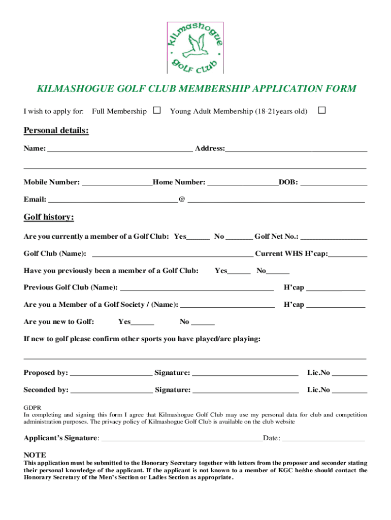 Fillable Online Application for Membership of Kilmashogue Golf Club and ...