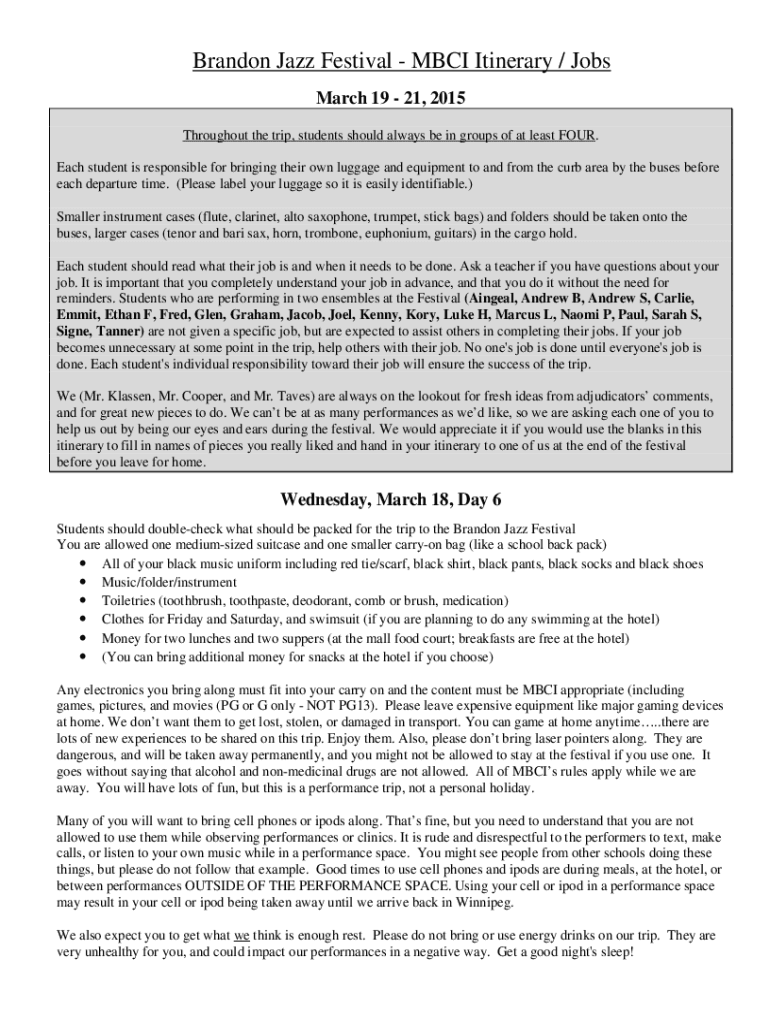Fillable Online Brandon Jazz Festival - MBCI Itinerary / Jobs Fax Email Print - pdfFiller