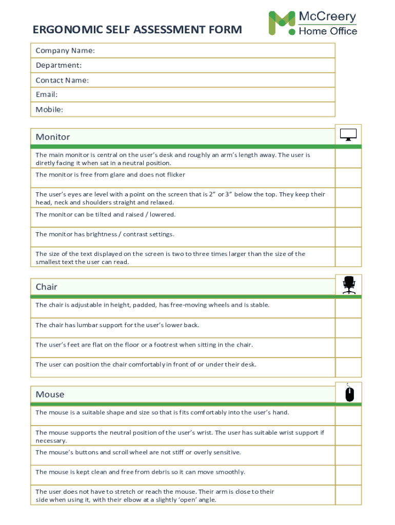 Fillable Online ERGONOMIC SELF ASSESSMENT FORM Fax Email Print - pdfFiller