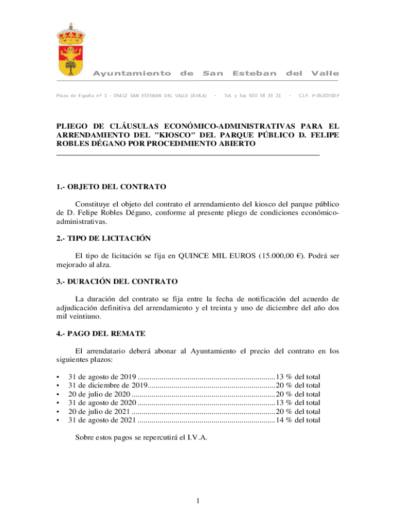 Completable En línea Pliego de condiciones subasta kiosco parque Fax Email Imprimir - pdfFiller