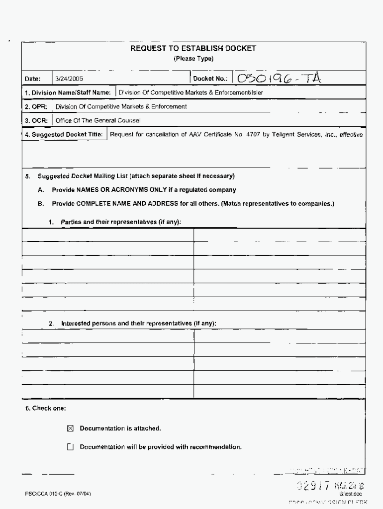 Fillable Online I Docket No.: 1 Fax Email Print - pdfFiller