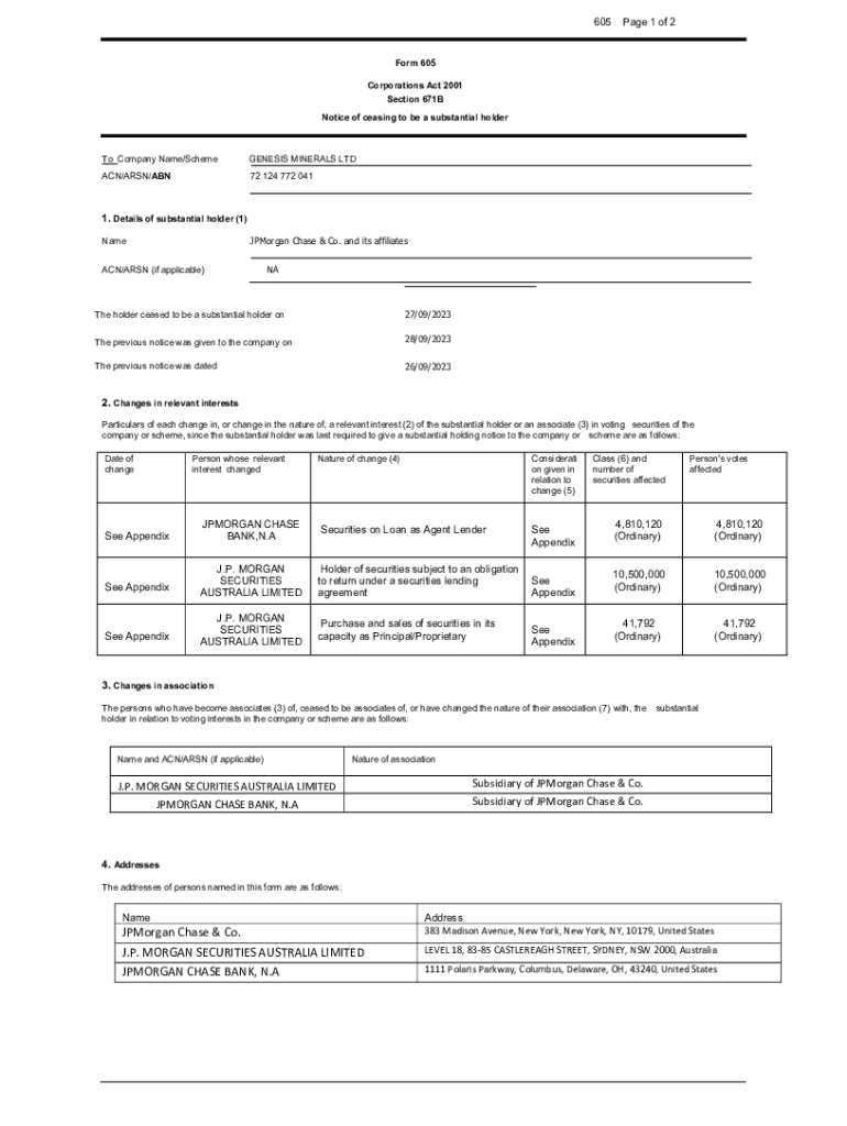 Fillable Online 20230927-605 -Cease Form for Genesis Minerals Ltd Fax Email Print - pdfFiller