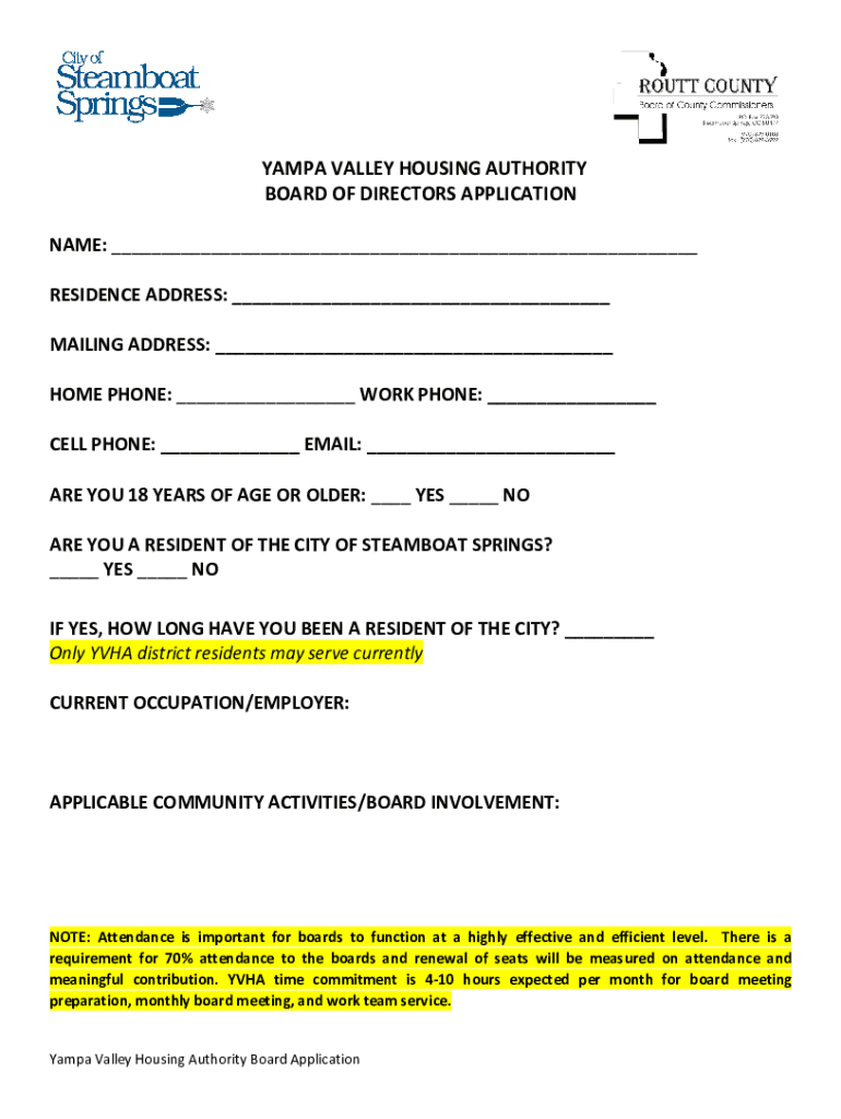 Fillable Online Yampa Valley Housing Authority Application Packet for ...
