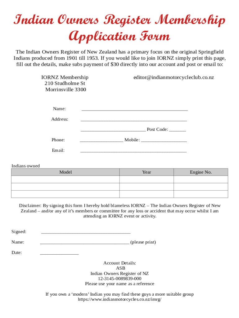 Fillable Online Indian Owners Register Membership Application Form Fax ...
