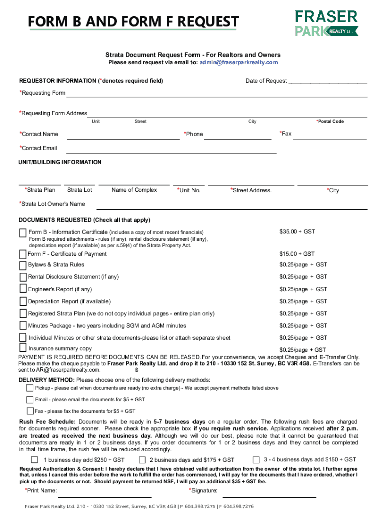 Fillable Online FORM B AND FORM F REQUEST - Fraser Park Real Estate Fax ...