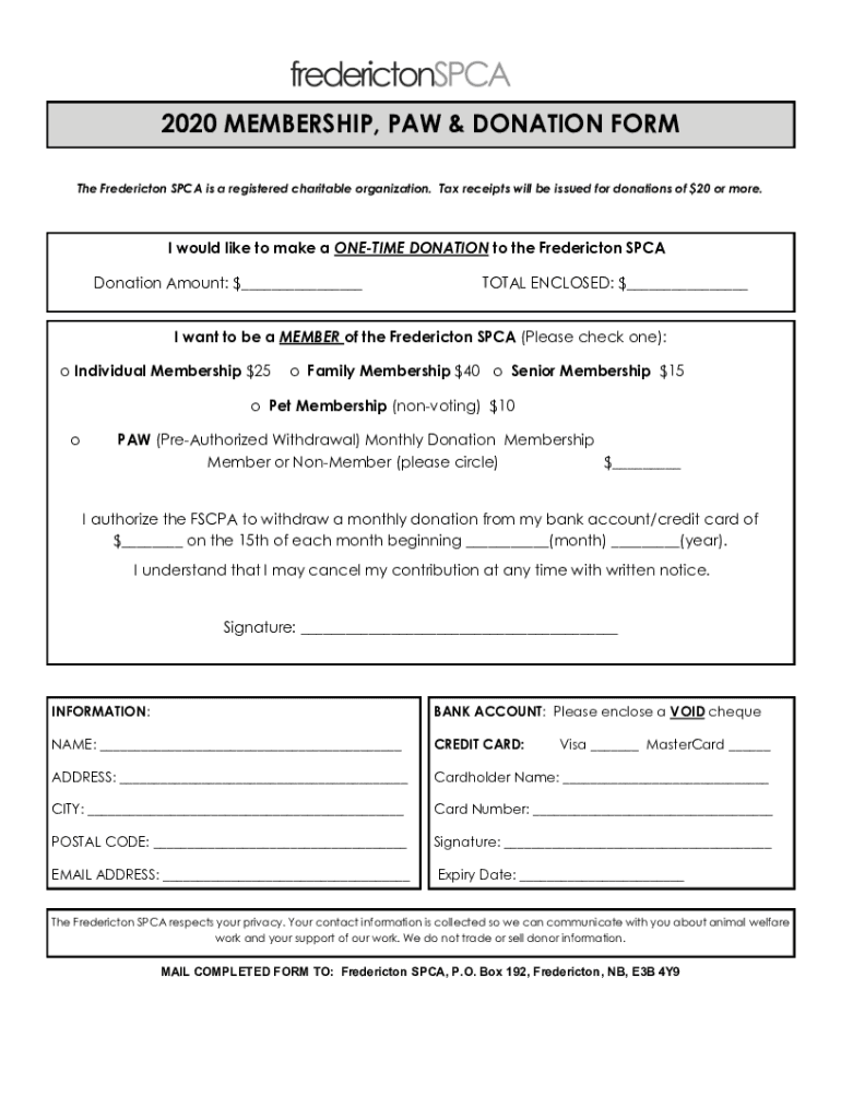 Fillable Online 2020 MEMBERSHIP, PAW & DONATION FORM Fax Email Print ...
