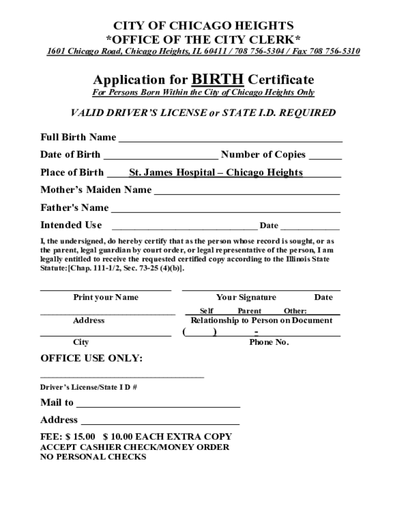 Fillable Online Application for BIRTH Certificate - Chicago Heights, IL ...