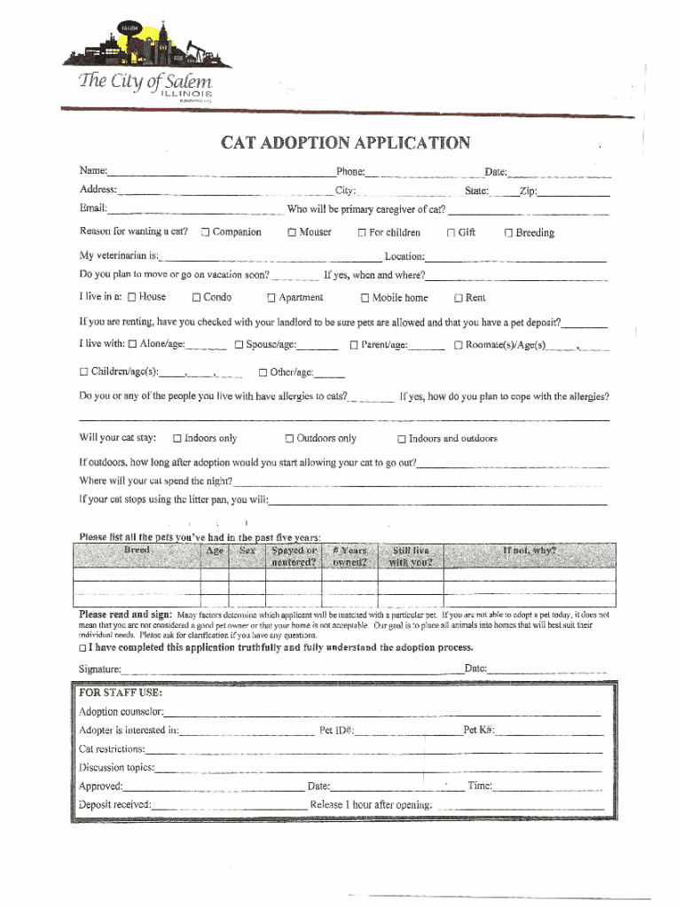 Fillable Online Cat Adoption ApplicationTake Home Your Furever Friend ...