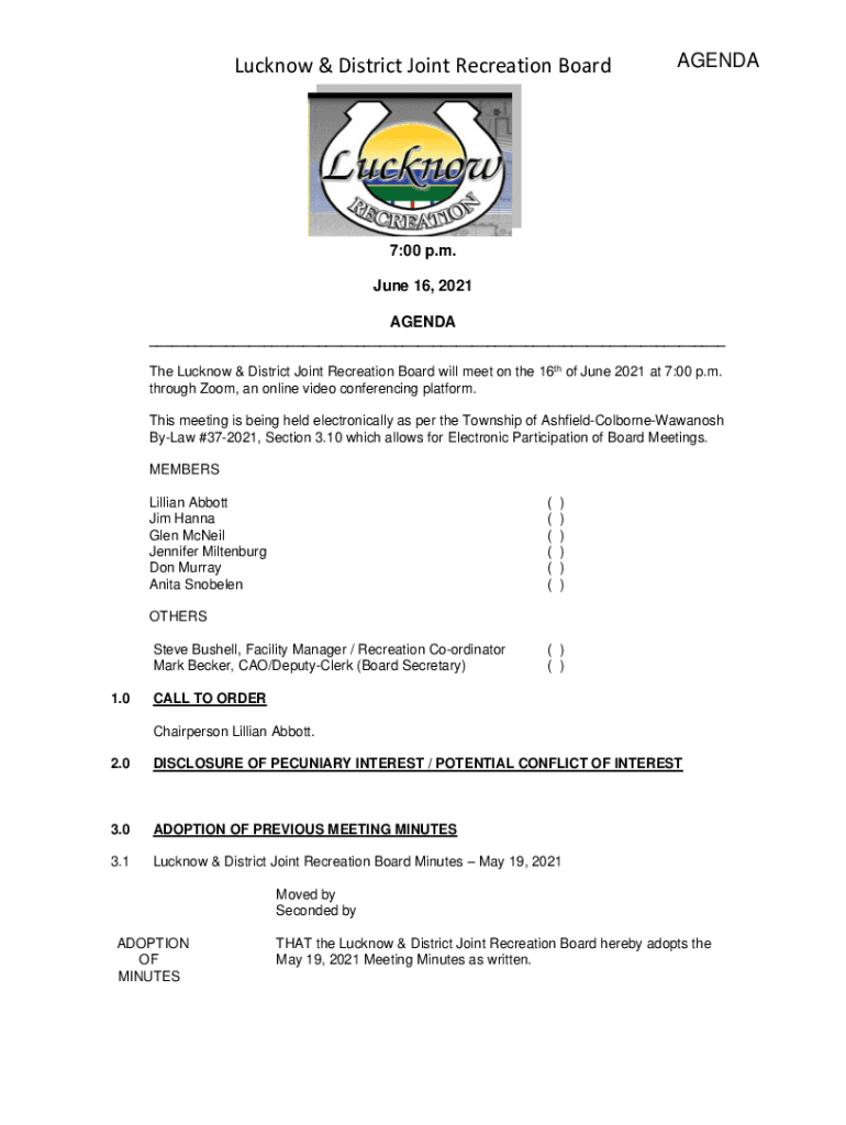 Fillable Online The Lucknow & District Joint Recreation Board will meet ...