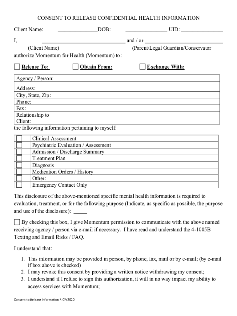 Fillable Online consent to release confidential health information Fax ...