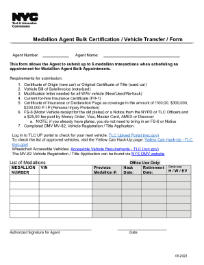 Fillable Online Medallion AgentBulk Certification Vehicle Transfer Form ...
