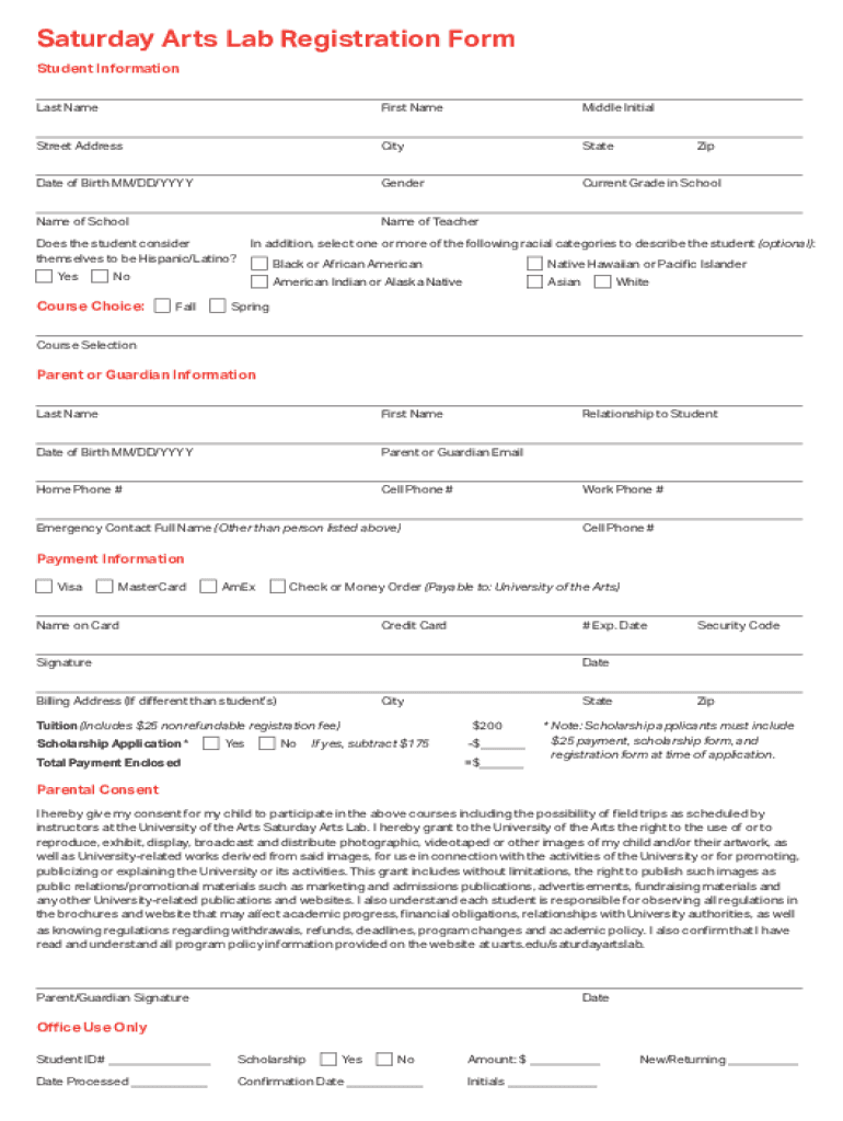 Fillable Online Saturday Arts Lab Registration Form Fax Email Print ...