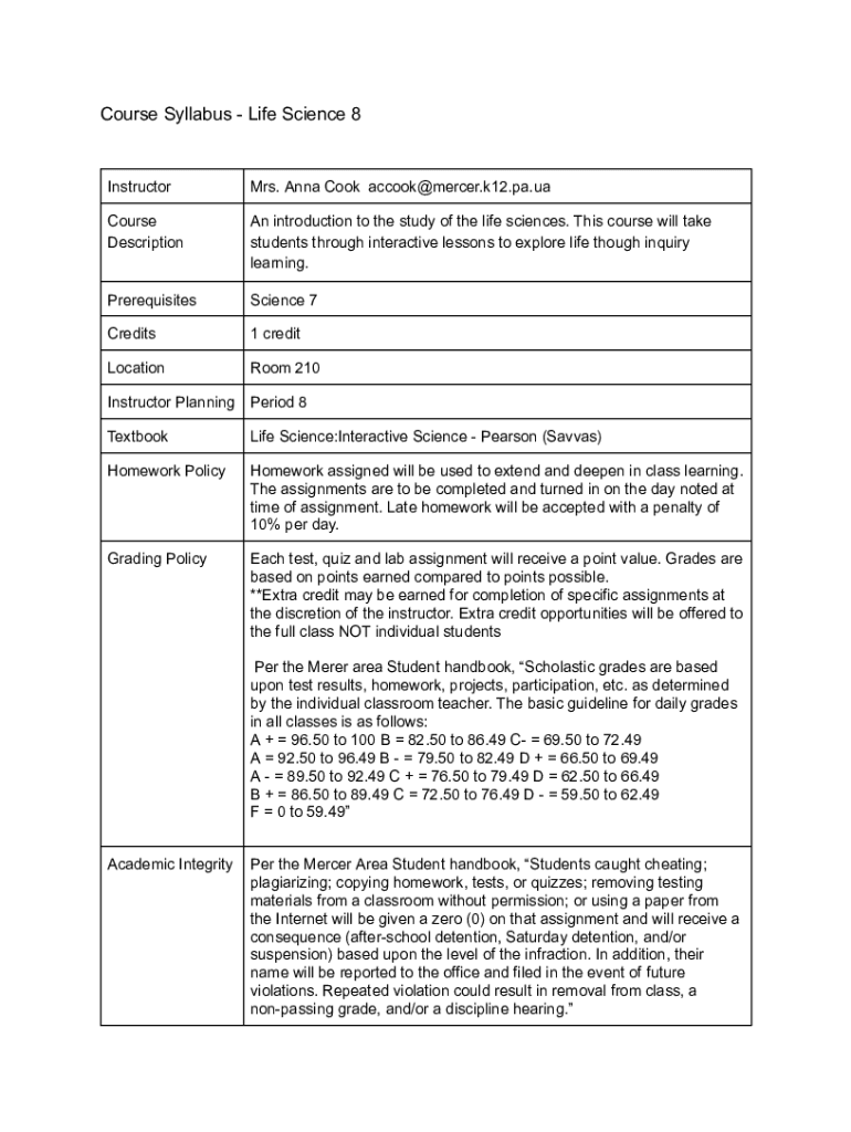 Fillable Online Course Syllabus - Life Science 8 Fax Email Print ...