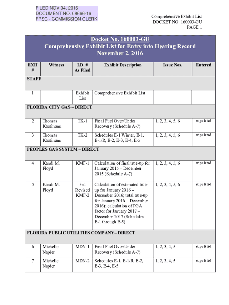 Fillable Online Docket No. 160003-GU Comprehensive Exhibit List for Entry into ... Fax Email ...