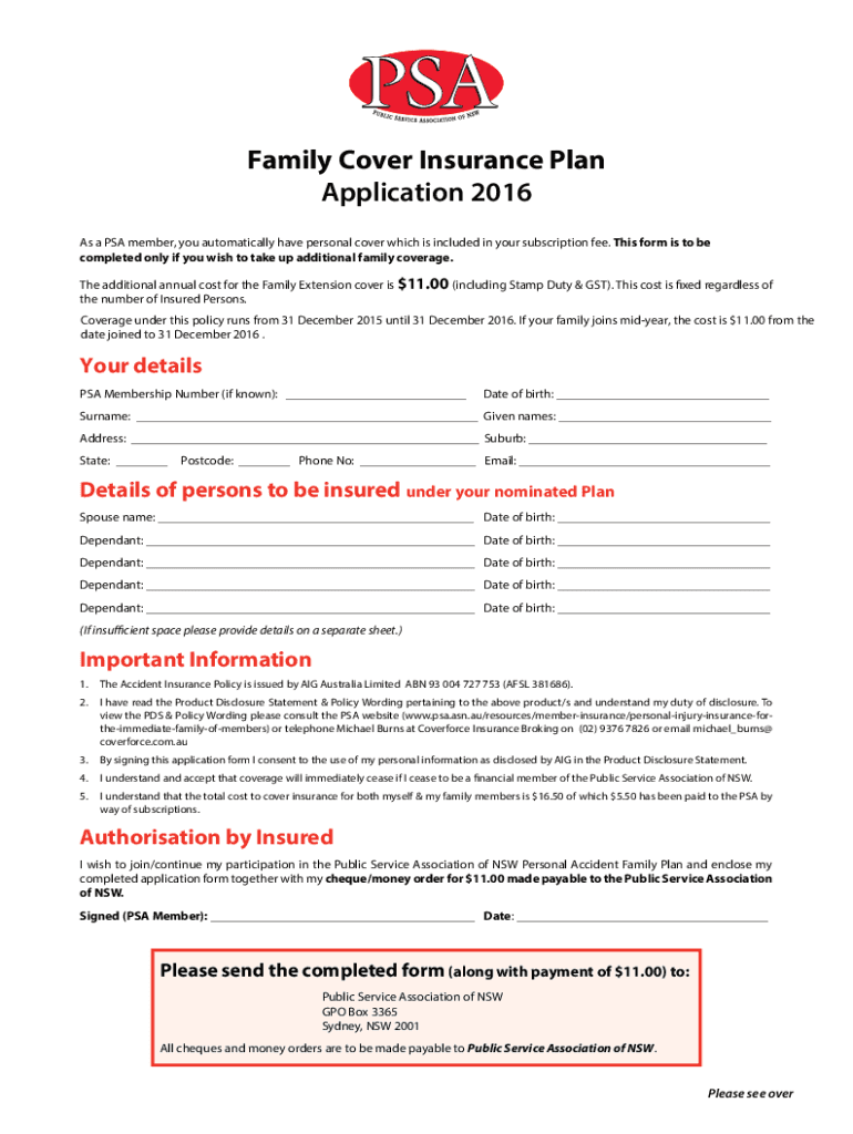 Fillable Online Fillable Online Family Cover Insurance Plan Renewal ...