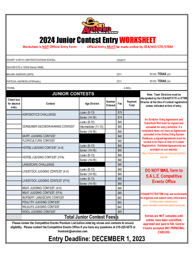 Fillable Online 2024 Junior Contest Entry WORKSHEET Fax Email Print ...