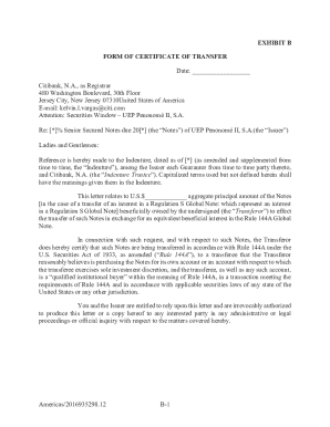 Fillable Online B-1 EXHIBIT B FORM OF CERTIFICATE FOR TRANSFER ... Fax ...