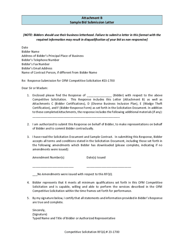 Fillable Online ofm wa Attachment B Sample Bid Submission Letter NOTE ...
