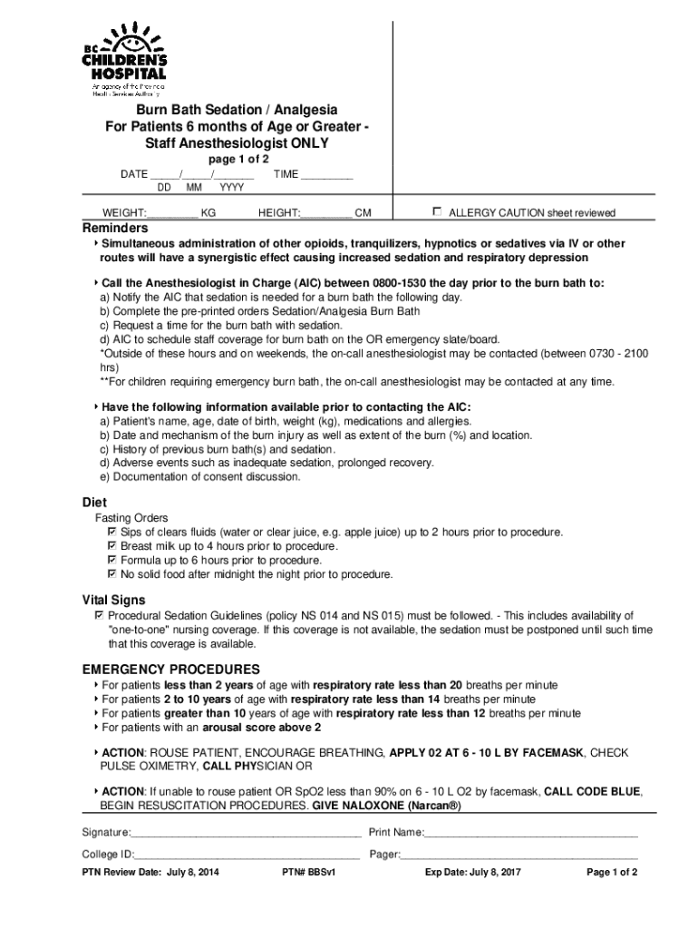 Fillable Online policyandorders cw bc Burn Bath Sedation / Analgesia ...