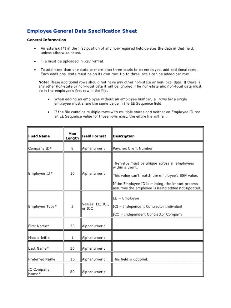 Fillable Online Employee General Data Specification Sheet.docx Fax ...