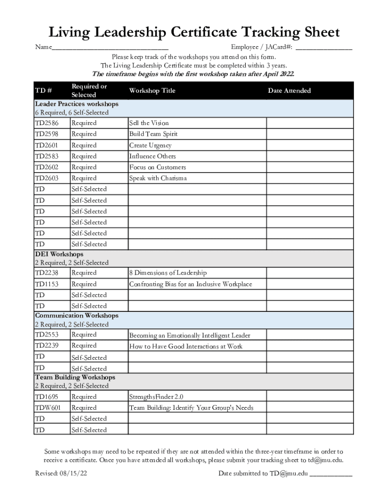 Fillable Online Living Leadership Certificate Tracking Sheet Fax Email ...