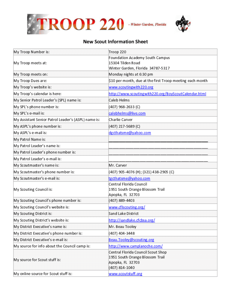 Fillable Online Cub Scout Pack 220 New Scout Information Sheet Fax ...