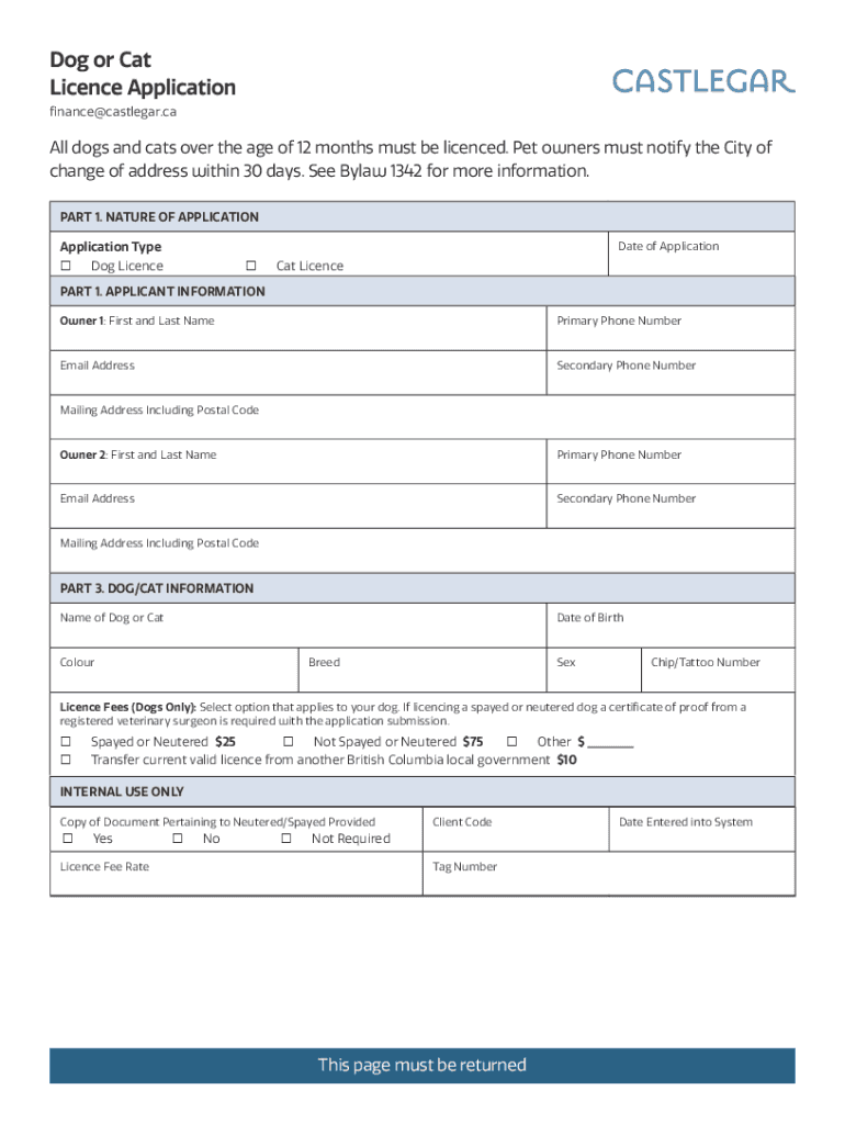 Fillable Online Dog or Cat Licence Application Fax Email Print - pdfFiller