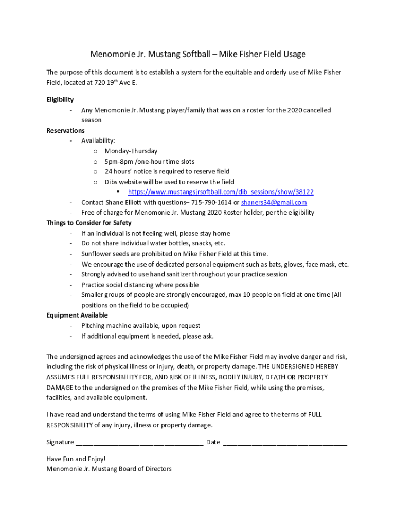 Fillable Online Menomonie Jr. Mustang SoftballMike Fisher Field Usage ...