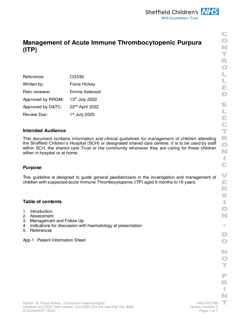 Fillable Online Management of Acute Immune Thrombocytopenic Purpura ...