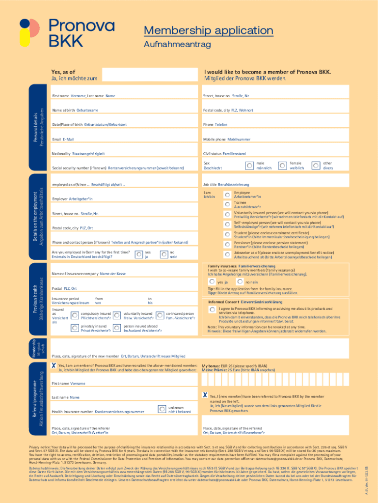 Ausfüllbar Online Pronova BKK Membership Application. Membership ...