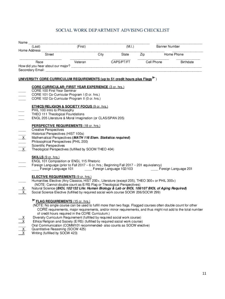 Fillable Online SOCIAL WORK DEPARTMENT ADVISING CHECKLIST Fax Email Print - pdfFiller