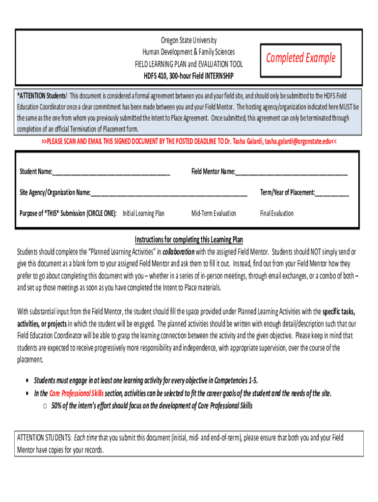 Fillable Online health oregonstate HDFS 410 Field Learning PlanEvaluation ToolBLANK ...